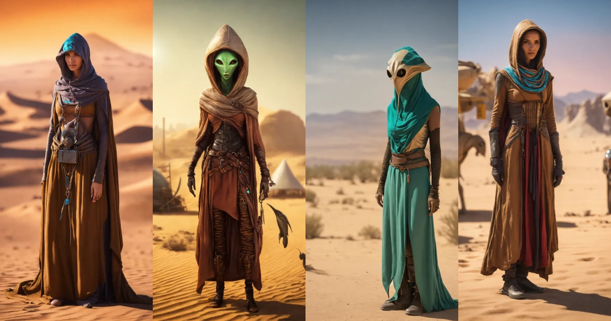 Lexica - Very slim and tall female alien creature merchant on a desert ...