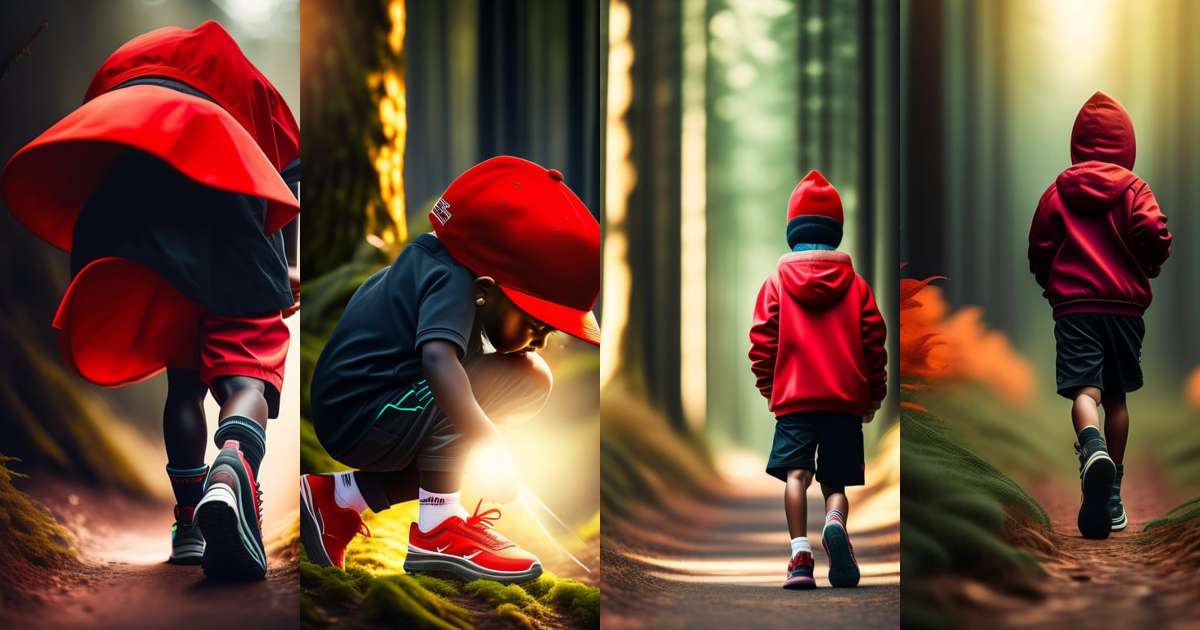 Lexica - One leg, black boy, red cap, forest, realistic