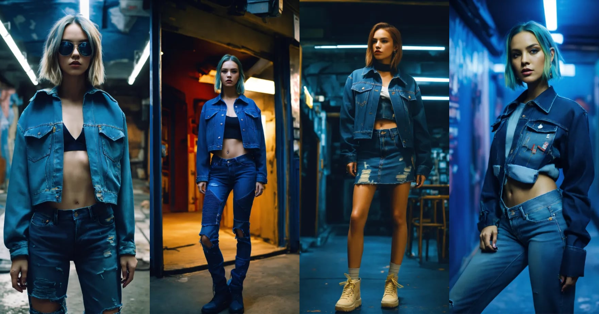 Lexica - Y2k fashion fotage, dark, blue, ultra realistic, unreal engine, denim, woman, upciclyng ...
