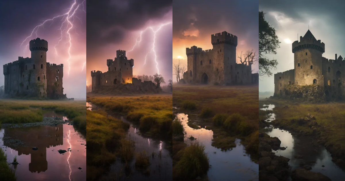 Lexica - Ruin of a stone castle in the middle of a foggy barren swamp ...