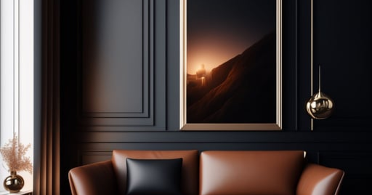 Lexica - Room with dark wall color and a leather couch, above a noble ...