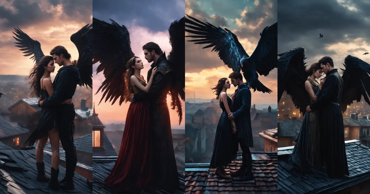 Lexica - Beautiful girl hugs handsome man with black wings while ...