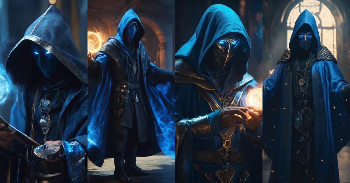 Lexica - A black and blue cloaked masked wizard casting a spell ...