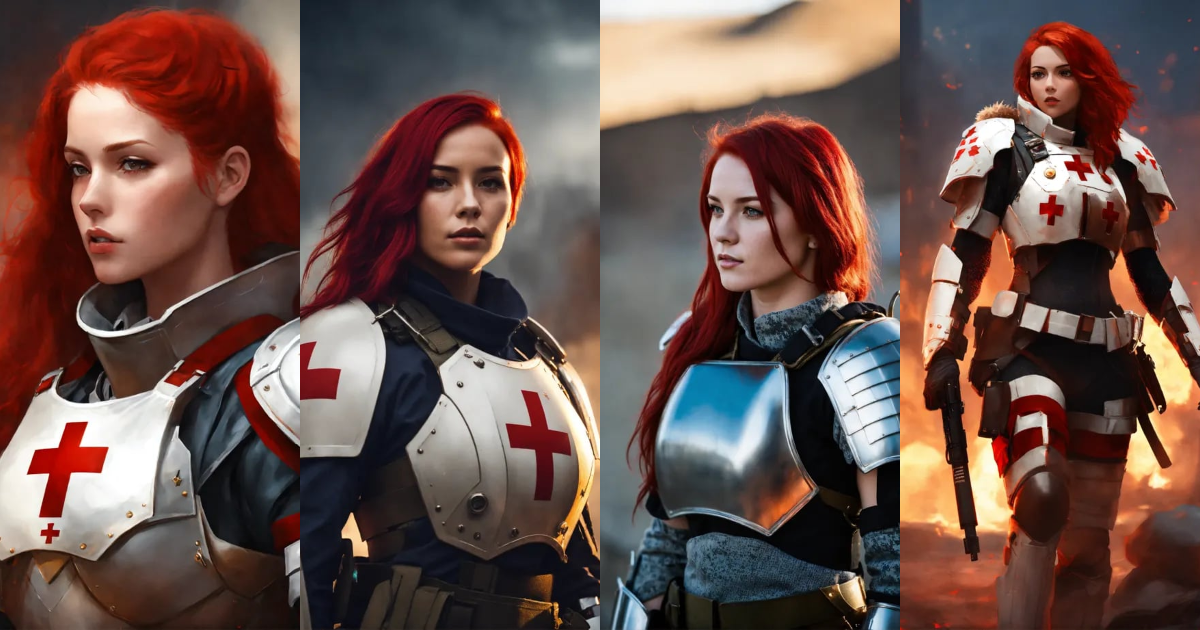 Lexica - Female with red hair and wearing white metal military armor ...
