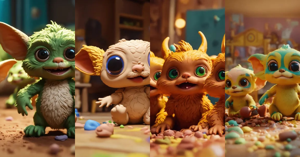 Lexica - 3d effect of cute clay many baby gremlins play around causes ...