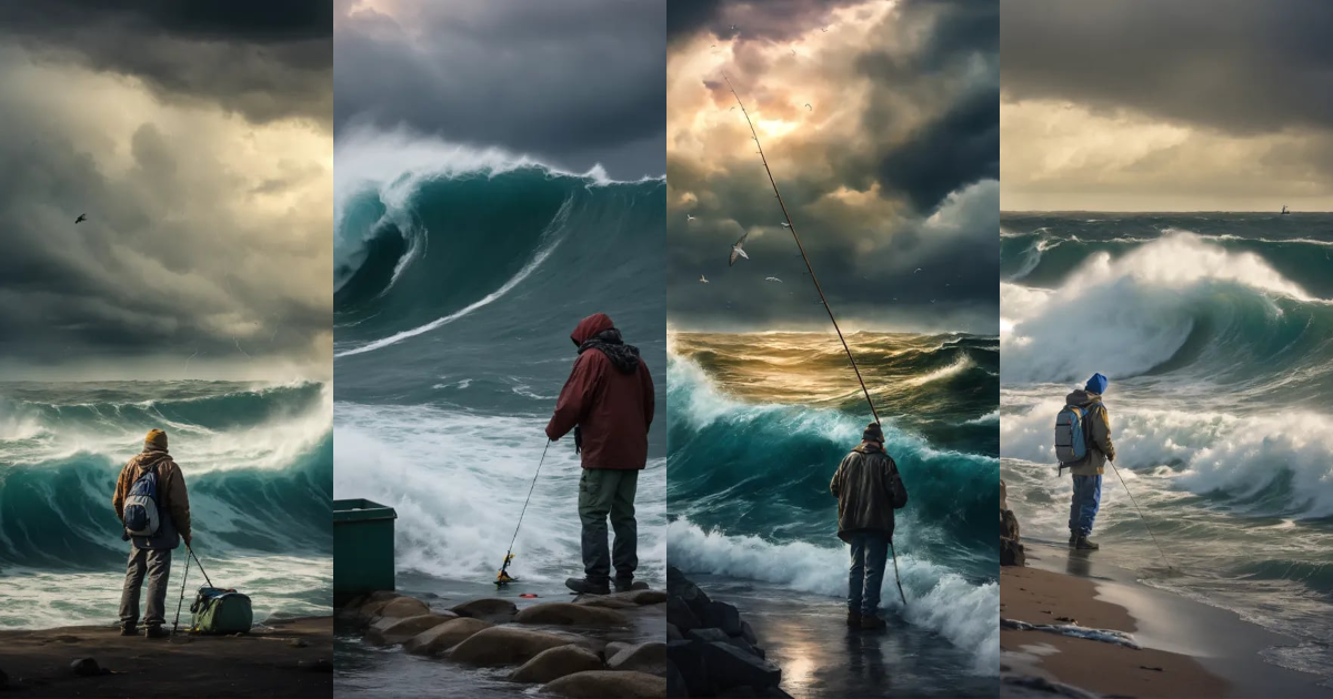 Lexica - A homeless man, fishing in the middle of a sea, in the area ...