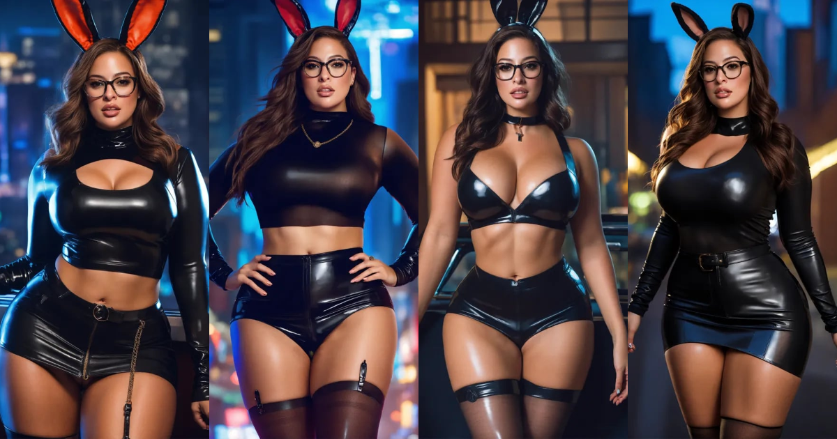 Lexica - Thigh highs socks black, ultra realistic, Ashley graham with glasses in latex skin ...