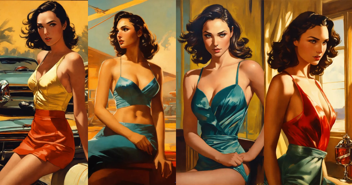 Lexica - Beautiful attractive, gorgeous, gal gadot top, soft, Gil elvgren, syd mead, medium ...