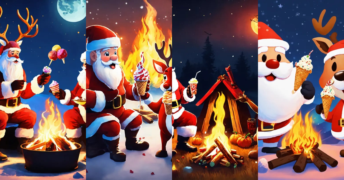 Lexica - Santa claus and rudolph eating a icecream around a bonfire ...