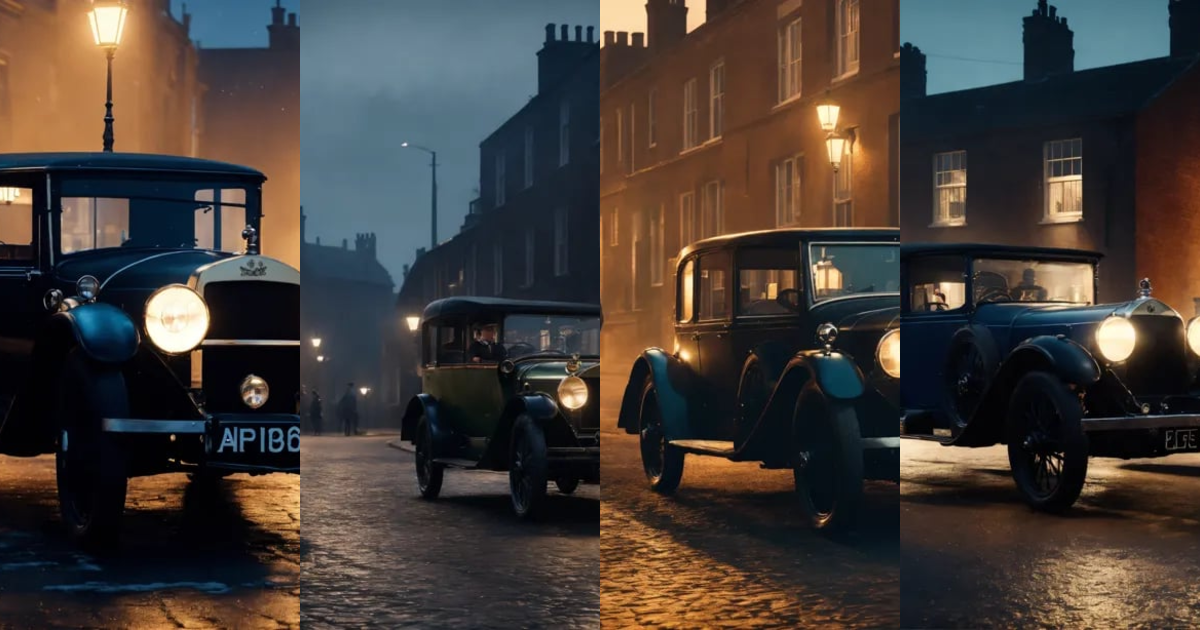 Lexica - Peaky blinder car walk, exterior night time, dim light winter ...