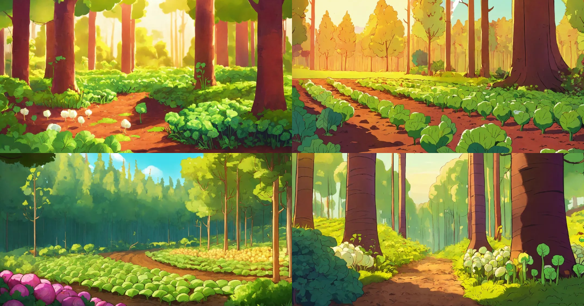Lexica - A cartoon-style sunny forest edge. A lot of turnips are ...