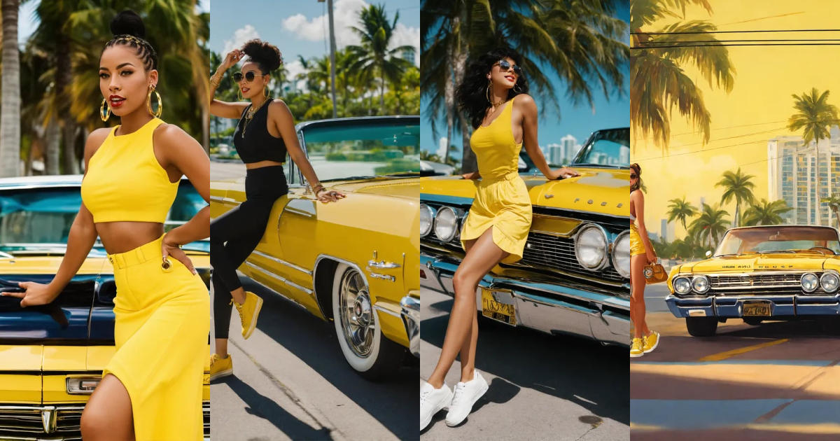 Lexica - 2000's style woman, leaning on front grille of goldwood yellow ...