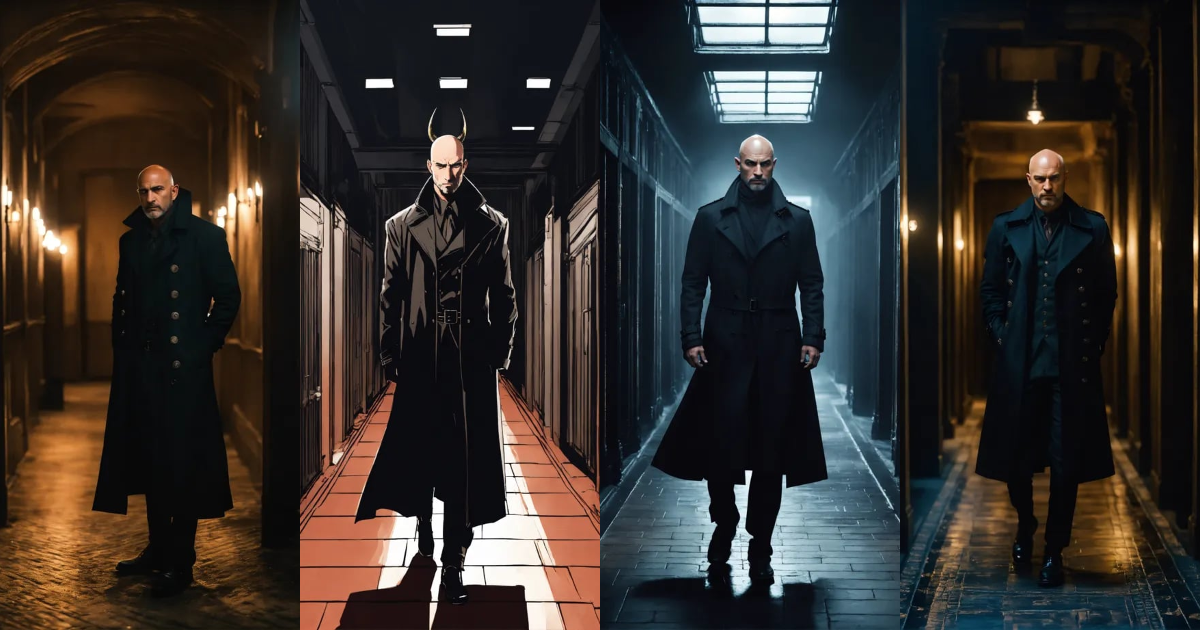 Lexica - A stoic, handsome bald man with minotaur horns in a black ...