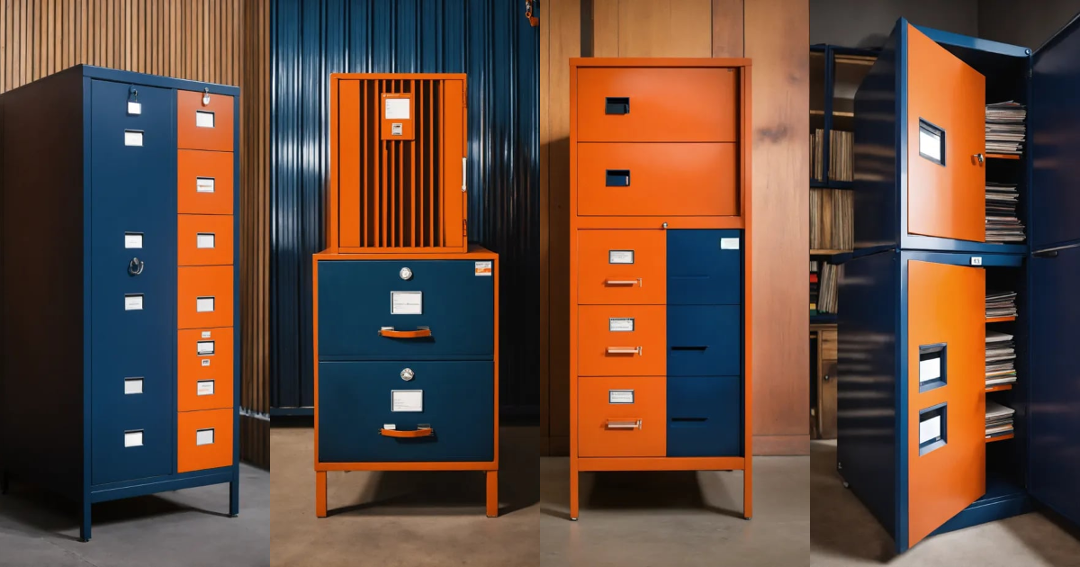 Lexica - Private records filing cabinet dark blue and burnt orange colour