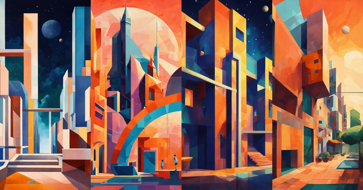 Lexica - Space architecture painting in cubism style with minimalist touch