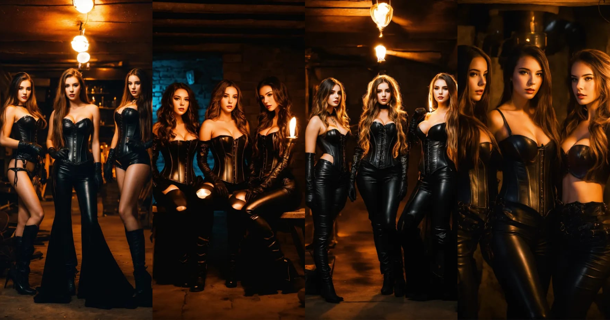 Lexica - Three stunning young women with very long hairin a candle lit basement wearing black ...