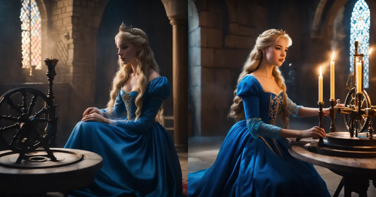 Lexica - Awake disney Princess aurora in blue touching a spindle in a ...