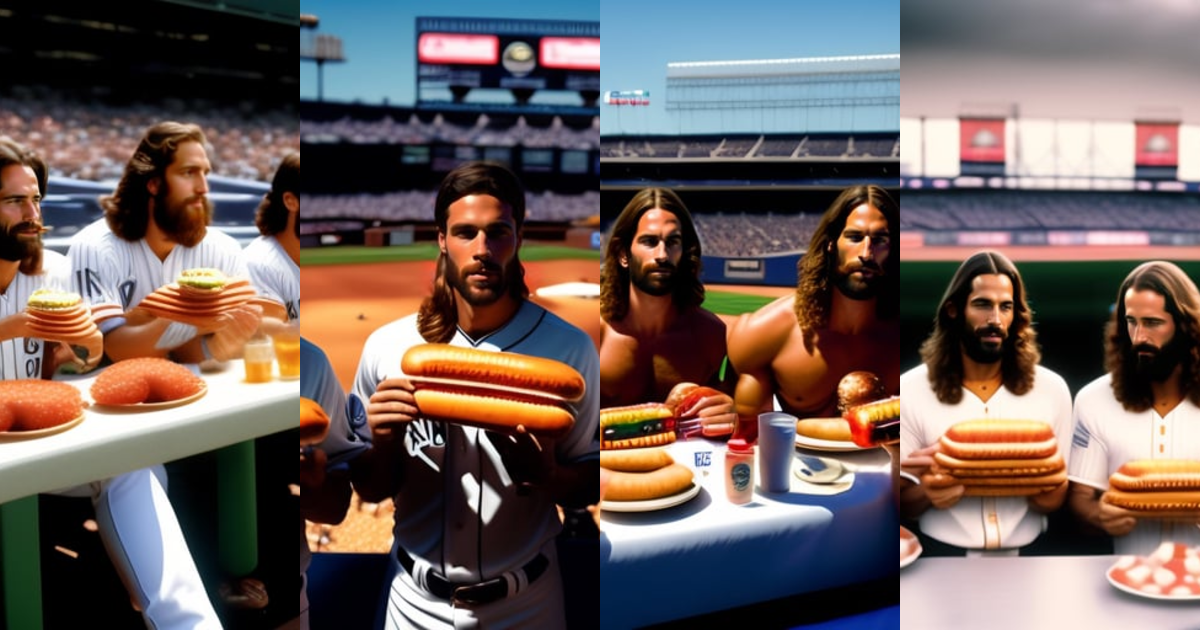Lexica - Photo of jesus christ and the 12 apostles eating hot dogs at ...
