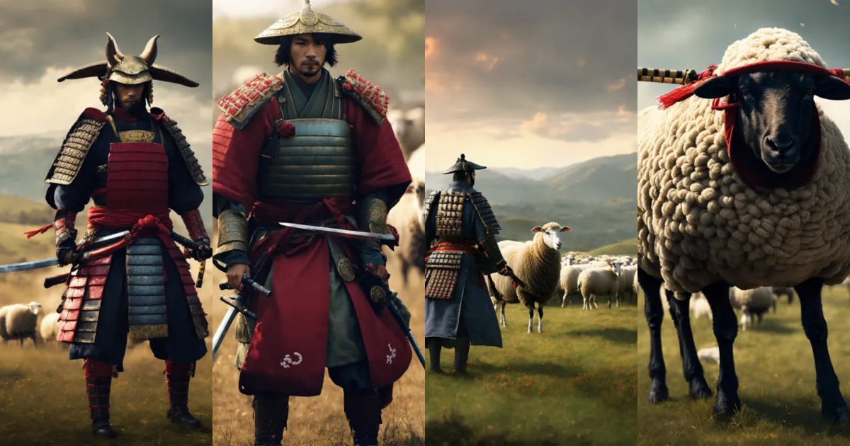 Lexica - Sheep samurai. Battlefield. Hyper realistic.