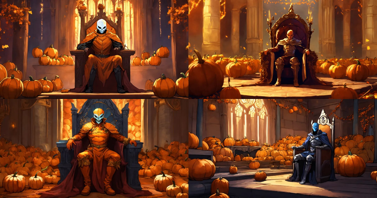 Lexica - Fantasy setting, pumpkin head, sitting on a throne, holding a ...
