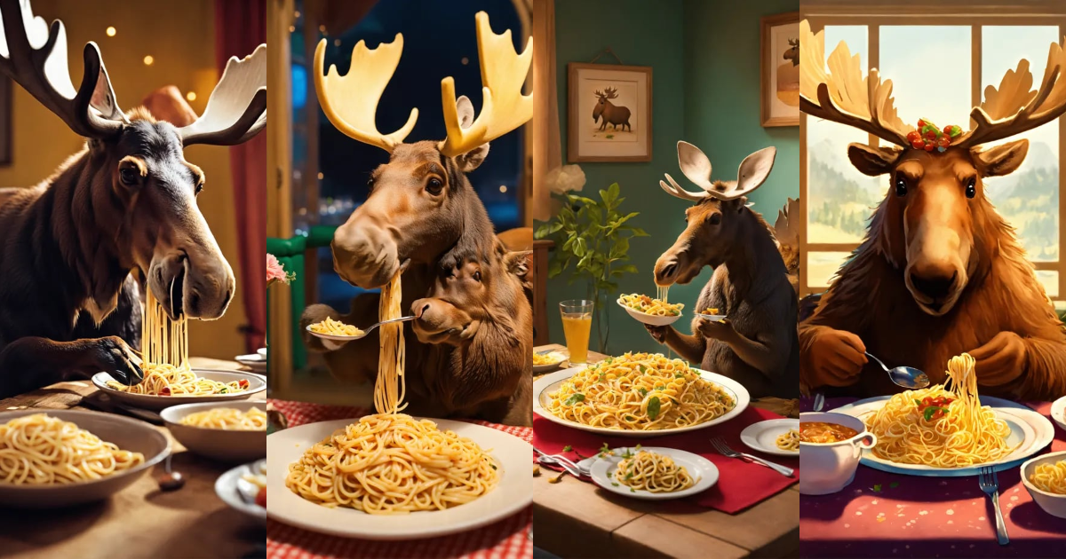 Lexica - A cute moose eating a pasta with a mouse wearing tu-tus at the ...