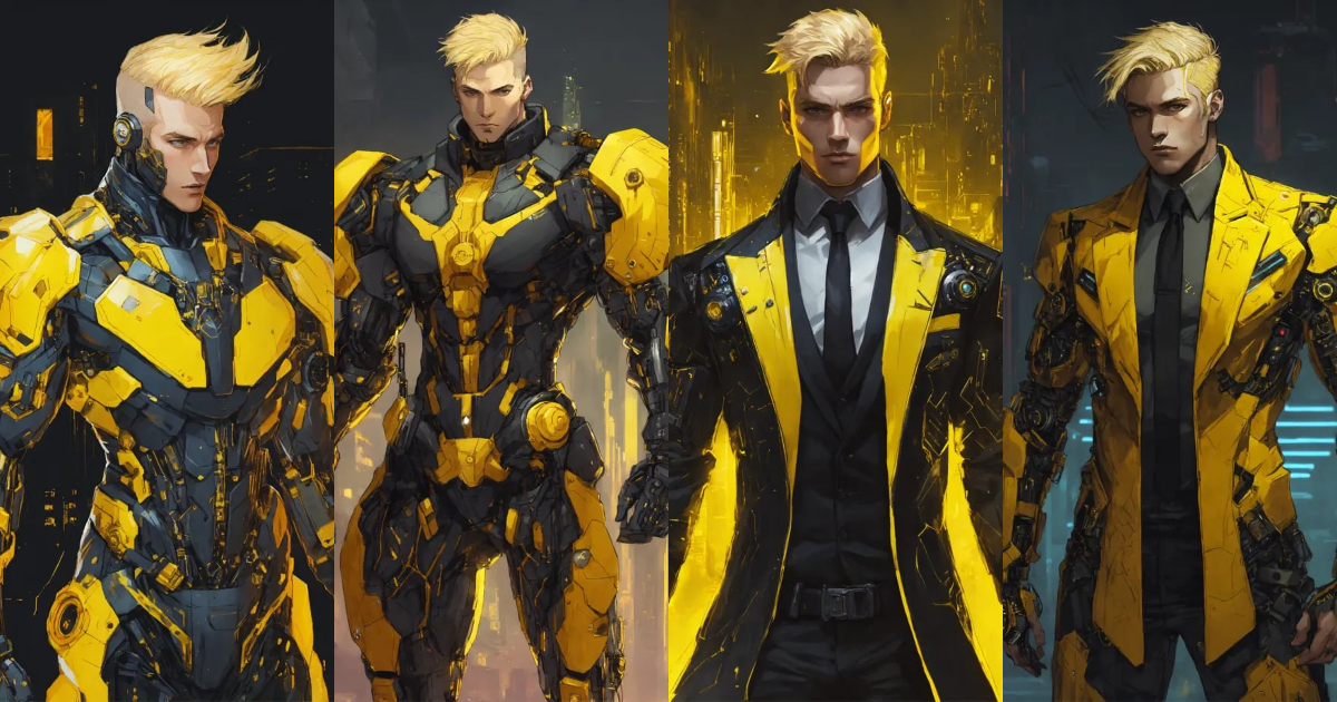 Lexica - Pale dirty-blonde muscular cyberpunk cyborg man with yellow ...