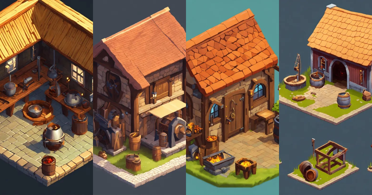 Lexica - Game art, blacksmith, isometric, full view, outside view ...