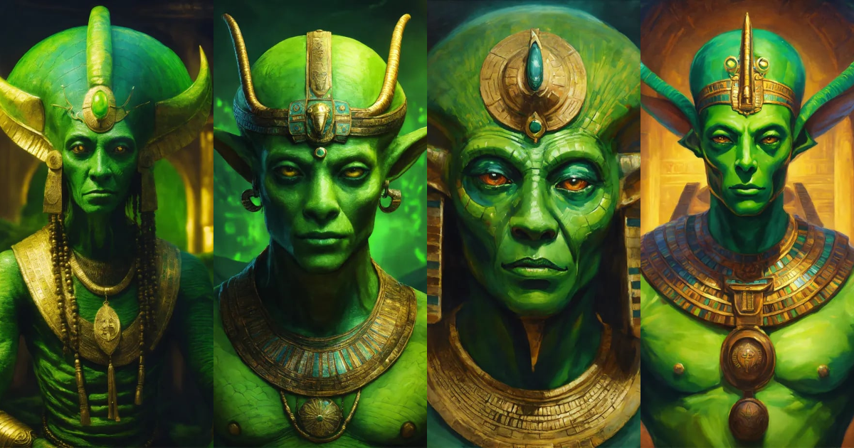 Lexica - Portrait a green alien monster dressed like a ancient egypt ...
