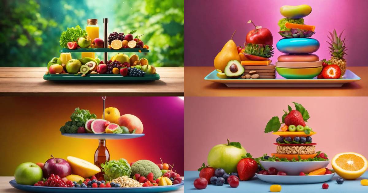 Lexica - Balance avec des aliments santé sur fond coloré et lumineux ...