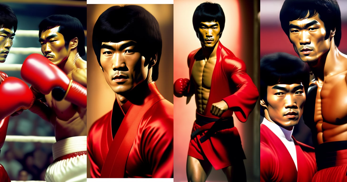 Lexica - Bruce lee portant un kimono rouge, sur un rign de boxe, très ...