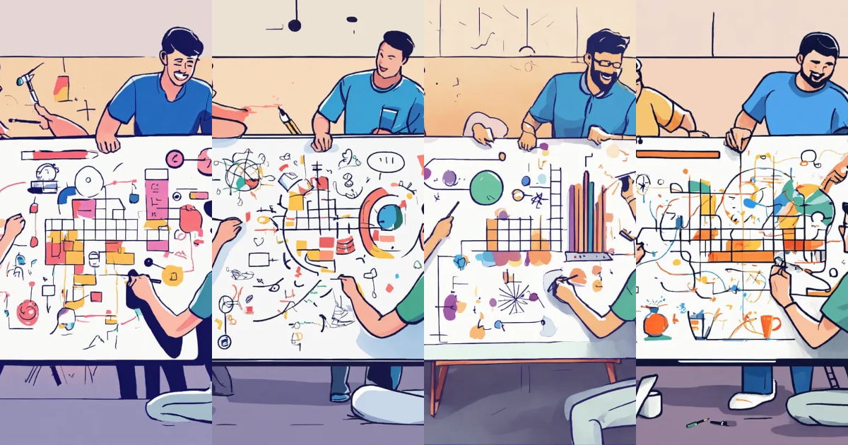 Lexica - Very simple drawing of a cheerful team creating a design on a ...