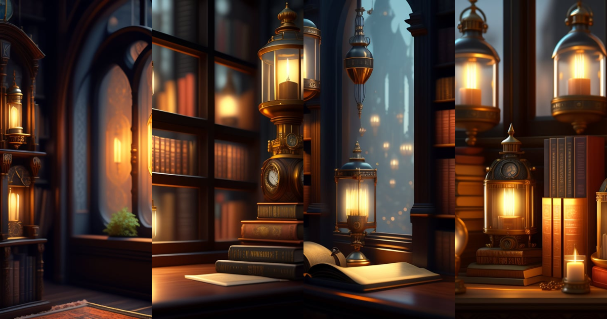 Lexica - Digital illustration of a steampunk library, Cluttered, full ...