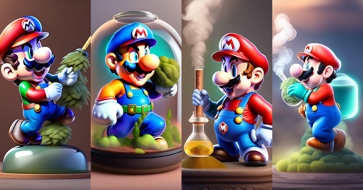 Lexica - Super mario is high, standing all body smoking weed through bong
