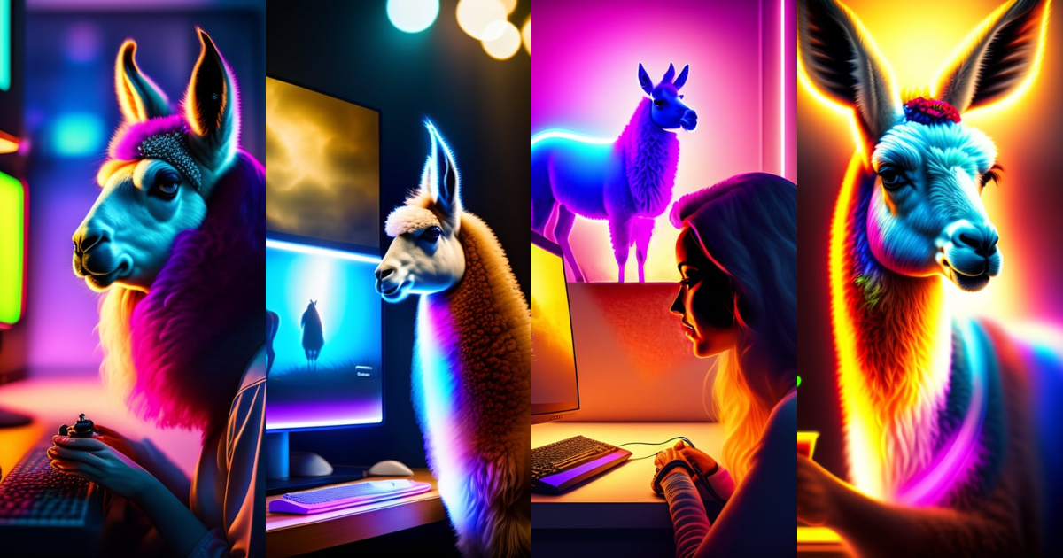 Lexica - Lady, llama playing video games in a room with neon, gaming pc ...