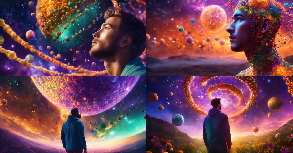 Lexica - Well built man looking up, dna strands floating in the ...