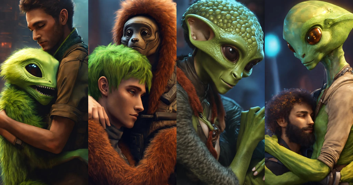 Lexica - Furry alien male and a human male embracing. photorealism