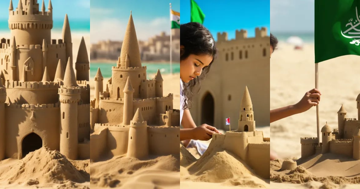 Lexica - Saudi girl sculpting sand castle, one Saudi small flag on top ...