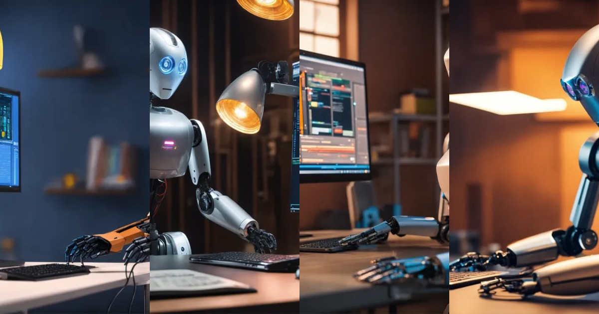 Lexica - The robot is standing next to the computer and looking at the ...