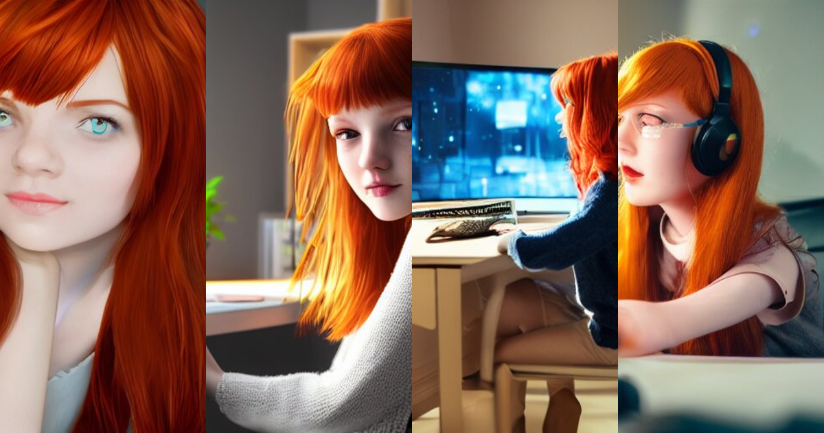 Lexica - Cute young redhead girl sitting at her desk in bedroom, gaming ...