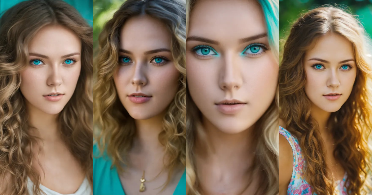 Lexica - White woman, fair skin, long bright cya wavy hair, cyan eyes