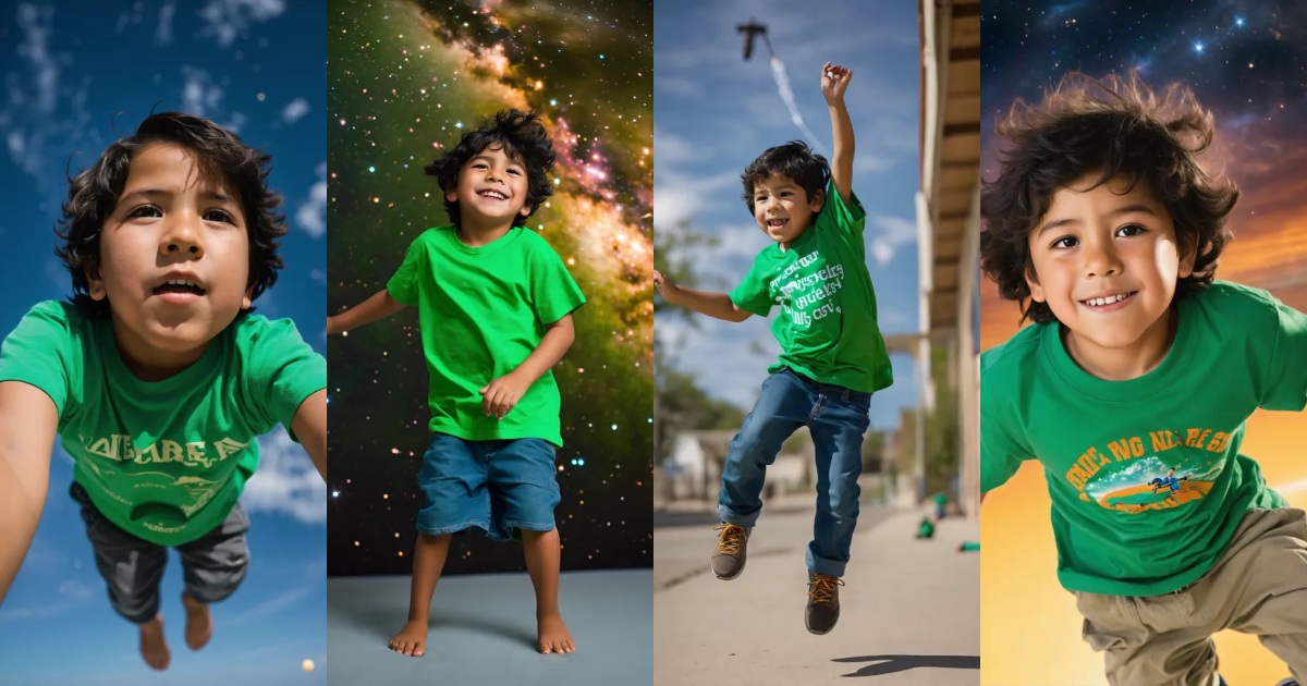 Lexica - 5 year old Hispanic boy in a green tee shirt falling backwards ...