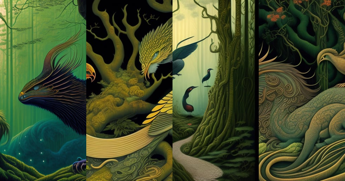 Lexica - A Basilisk and a Phoenix and , standing in a forest, hr giger ...