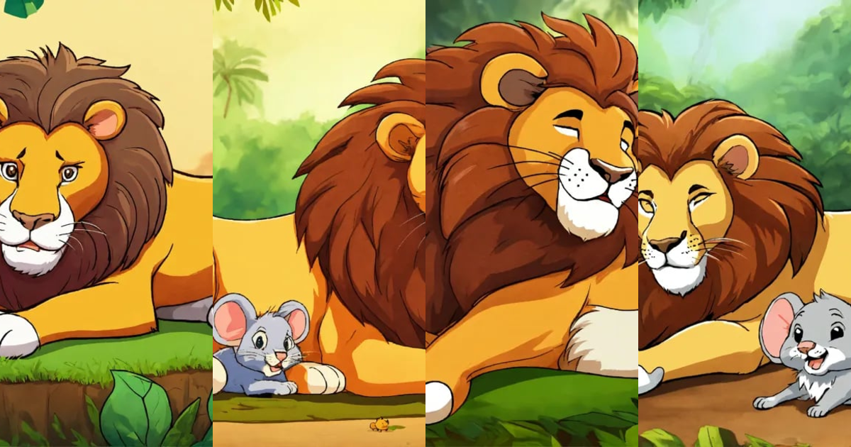 Lexica - Cartoon big lion sleeping and mouse jumping on lion in jungle