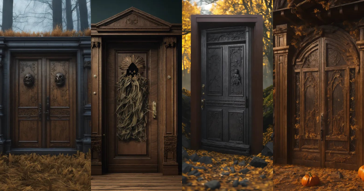 Lexica - 3D creepy haunted doors engraved scarecrow in a wicked forest ...