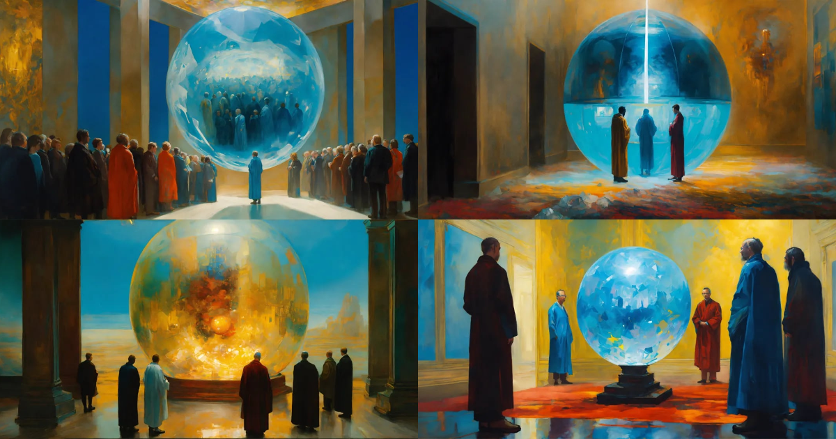 Lexica - Worshippers in robes huddled around a very complex gigantic ...