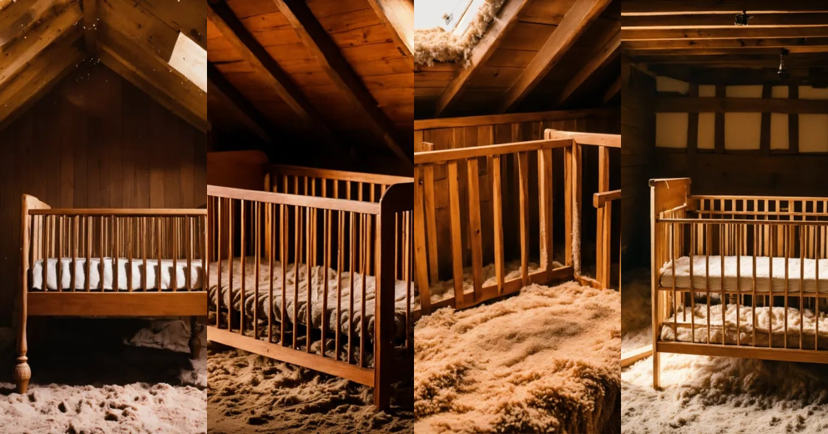 Lexica - A wooden crib, covered in dust in an attic