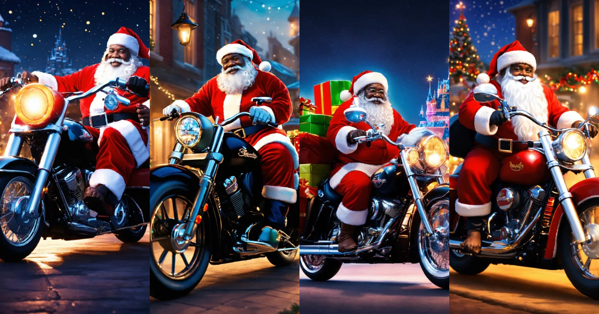 Lexica - Black Santa riding a Harley motorcycle with Santa clause on ...