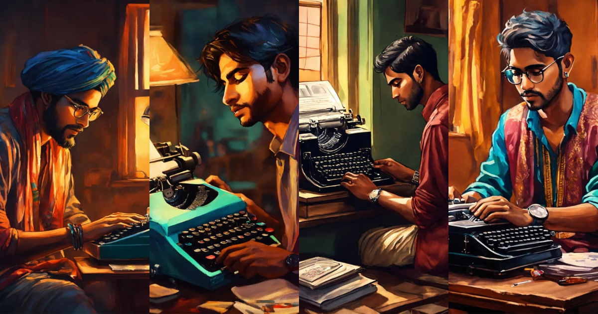 Lexica - A hand drawn painting of an Indian young man typing on a ...