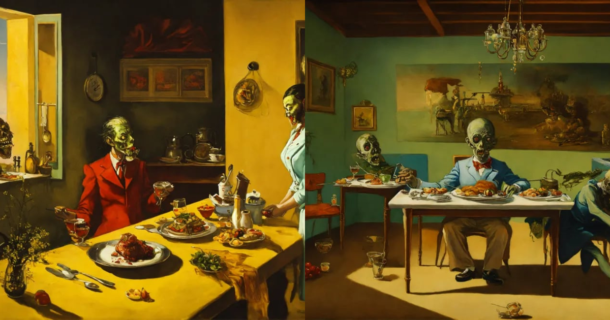 Lexica - Zombie in a vintage kitchen enjoying their meal, oil painting ...