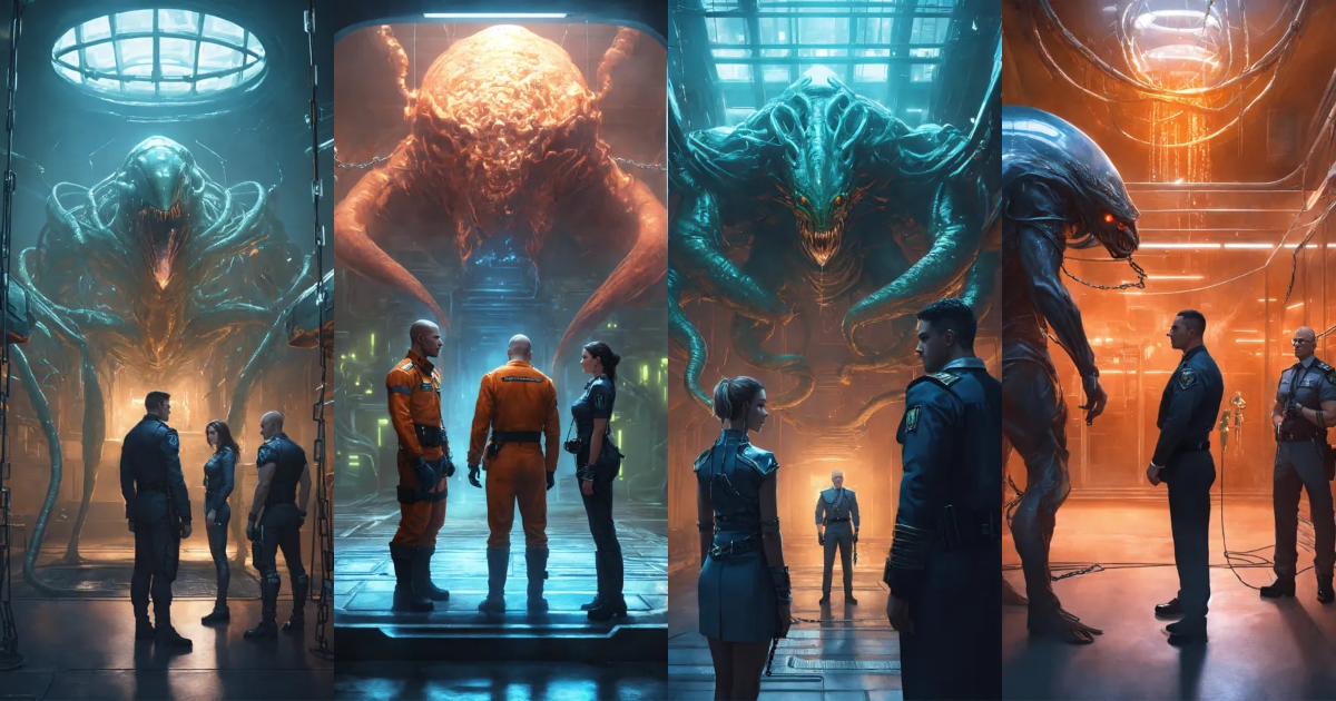 Lexica - Male and female captives chained inside a futuristic alien ...